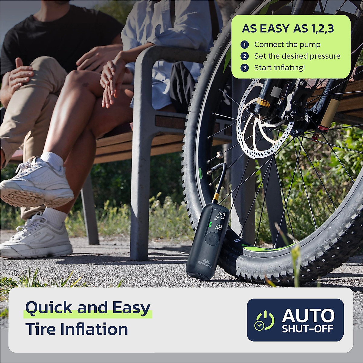 Tire Inflator Portable Air Compressor, Electric Bike Tire Pump with Gauge, Air Pump for Car Tires, 150PSI, Mobile Air Compressor for Car, Motorcycle, Electric Bike, by Woowind