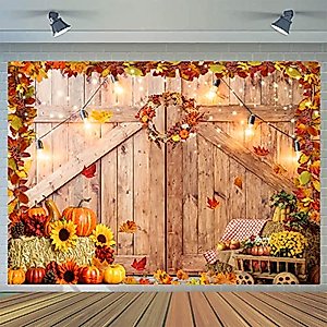 CYLYH 7x5FT Fall Thanksgiving Backdrop Autumn Pumpkin Harvest Barn Door Background Thanksgiving Banner Decoration Fall Rustic Farm Door Photography Backdrop CY582