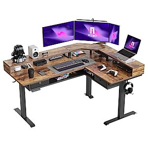 FEZIBO L Shaped Standing Desk with LED Strip & 2 Drawers, Triple Motors Supports 330 lbs, Upper and Lower Storage Shelves Available, Electric Height Adjustable, for Home Office, Rustic Brown