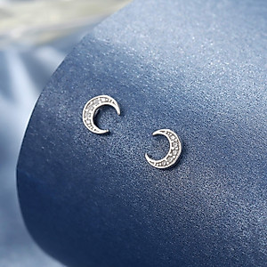 Rnivida 925 Sterling Silver Small Moon Stud Earrings, Silver Cz Crescent Moon Stud Earrings for Women