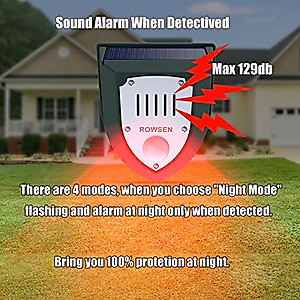 Solar Sound Alarm Motion Detector Warning Alarm Outdoor 129db Sound Security Flashing Light IP65 Waterproof All Day and Night Mode for Home Villa Yard Farm Storage Room