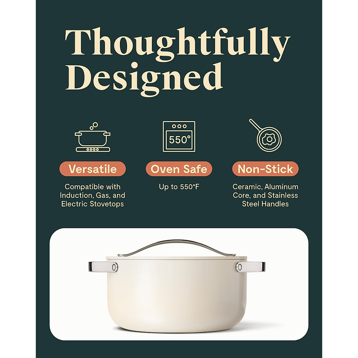 Caraway Dutch Oven Pot with Lid (6.5 qt, 10.5") - Non-Stick Ceramic Coating - Free From Forever Chemicals - Oven Safe & Stovetop Agnostic - Cream