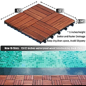 10 PCs Acacia Wood 12x12 inches, Interlocking Deck Tiles Outdoor All Weather, 12 Slats (Teak-9pcs)