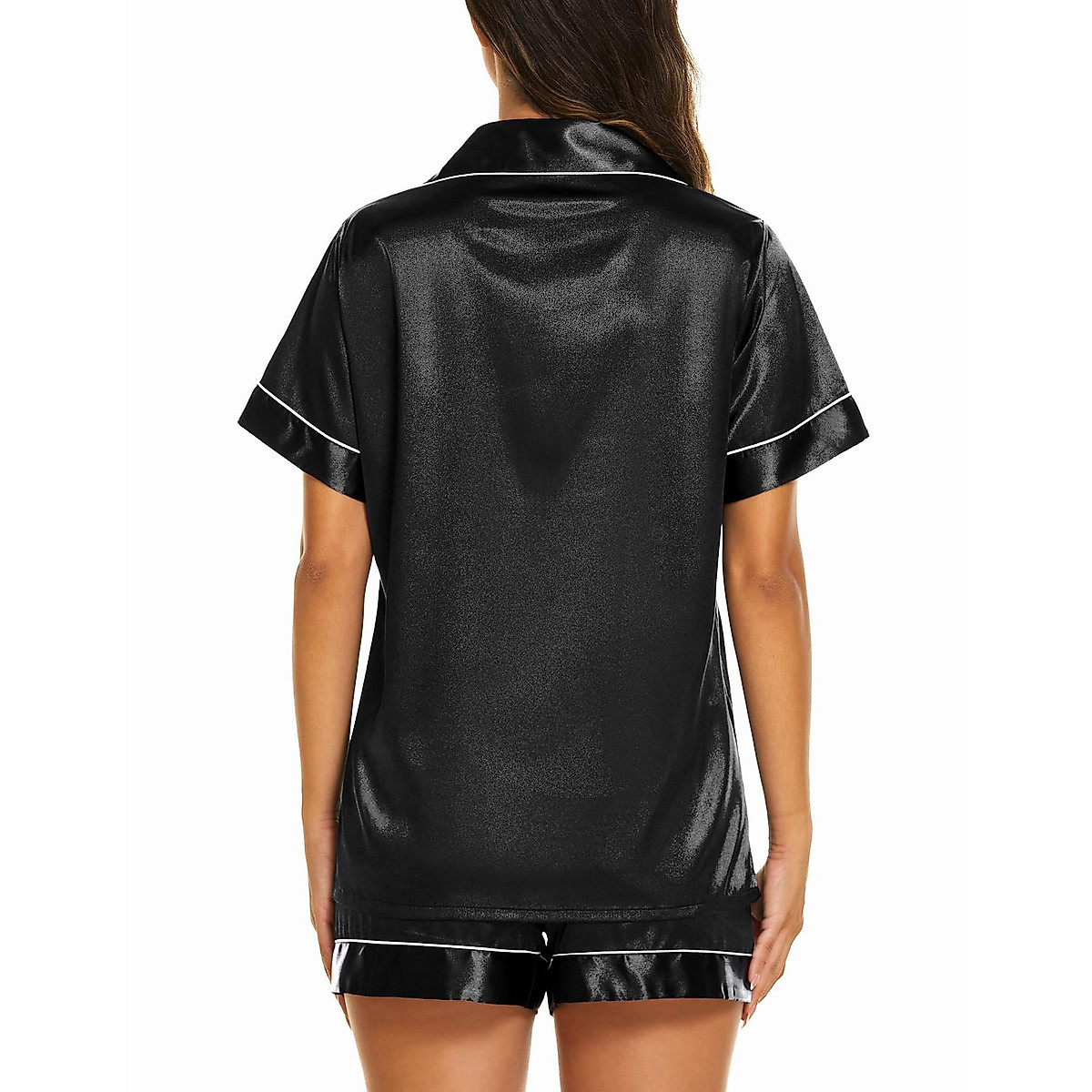 Ekouaer Women's Pajama Sets Silk Satin Pjs Short Sleeve Sleepwear Button Down Nightwear 2 Piece Lounge Shorts Set,Black,Small