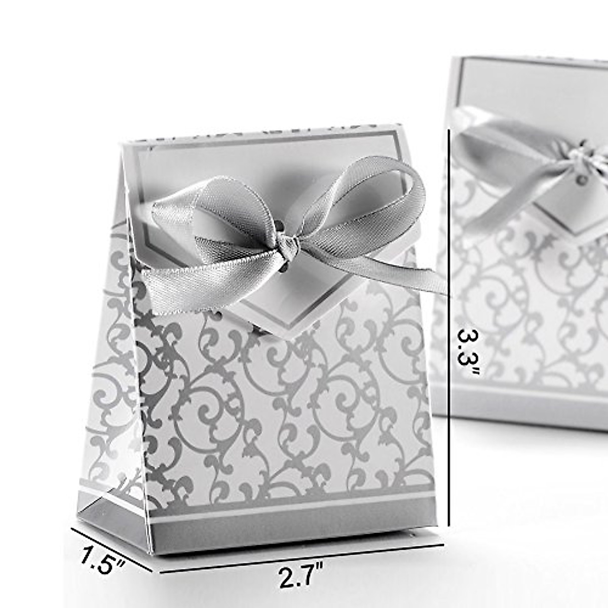 JOHOUSE 50pcs Mini Wedding Favor Box, Small Gift Boxes Candy Boxes with Gift Ribbons for Wedding Party Bridal Shower Favor Party Decoration, Silver