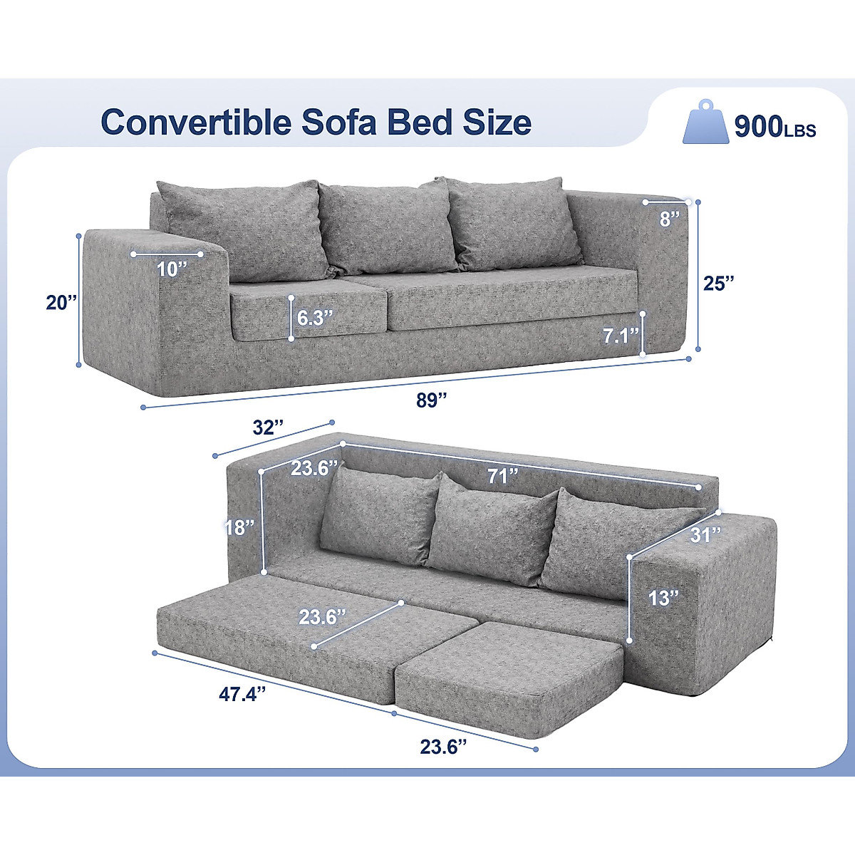 Hobestluk Folding Sofa Bed Couch Convertible Floor Sofa Beds for Adults Foldable Sleeper Sofa Lounge with Three Pillows for Living Room Fold-Out Floor Chair Beds for Bedroom Apartment Office(Grey)