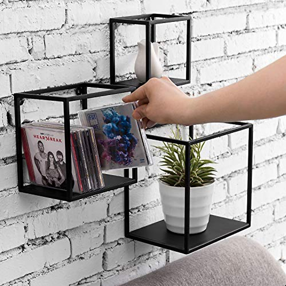 MyGift Black Metal Cube-Frame Wall Hanging Shelves, Set of 3