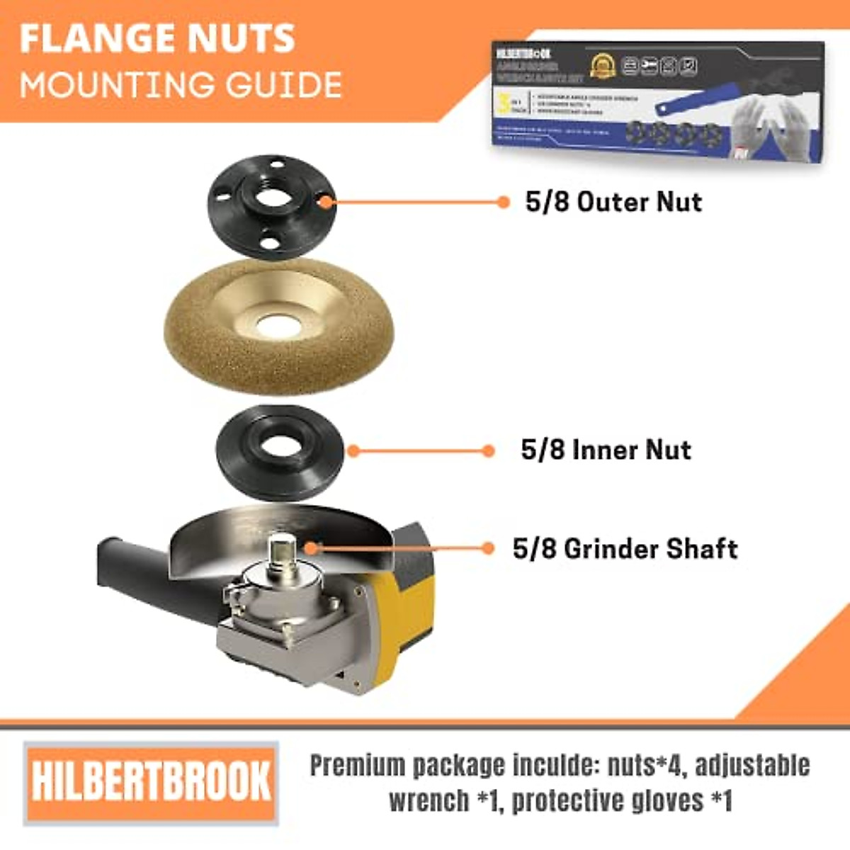 Grinder Wrench Grinder Shaft Nut 5/8-11 4 Pcs Compatible with Makita Milwaukee Dewalt Metabo Grinder Parts Bosch Ryobi Black Decker 4.5" 5" Protective Gloves Included