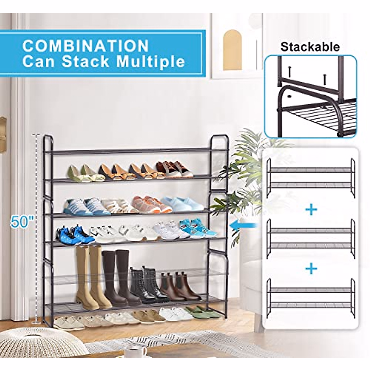 SLEEPING LAMB 2 Tier Metal Long Shoe Rack for Closet and Over The Door Shoe Rack Fit Narrow Door for 12 Pairs Sneakers, Boots, Grey