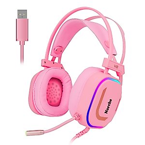 Moddi PC Gaming Headphones, 7.1 Stereo Surround Sound Headset with Noise Cancelling Microphone, USB Plug for Desktop, Computers Pink