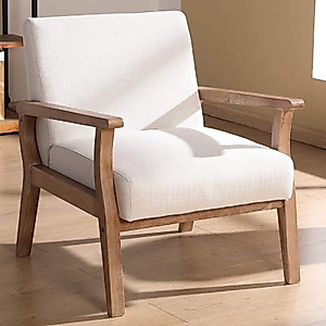 CIMOO Beige Accent Chair Mid Century Modern Armchair Wood Sitting Chair Linen Fabric Upholstered Side Chair Comfortable Chair for Living Room Bedroom Cream