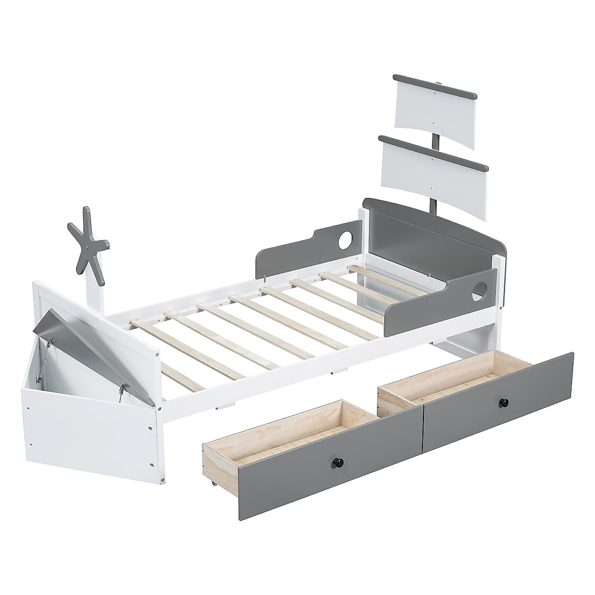 Merax Kids Cute Boat-Shaped Platform Beds Frame with Drawers, Wood Low Daybed with Ottoman for Boys,Girls, No Box Spring Need (Twin, White+Gray)