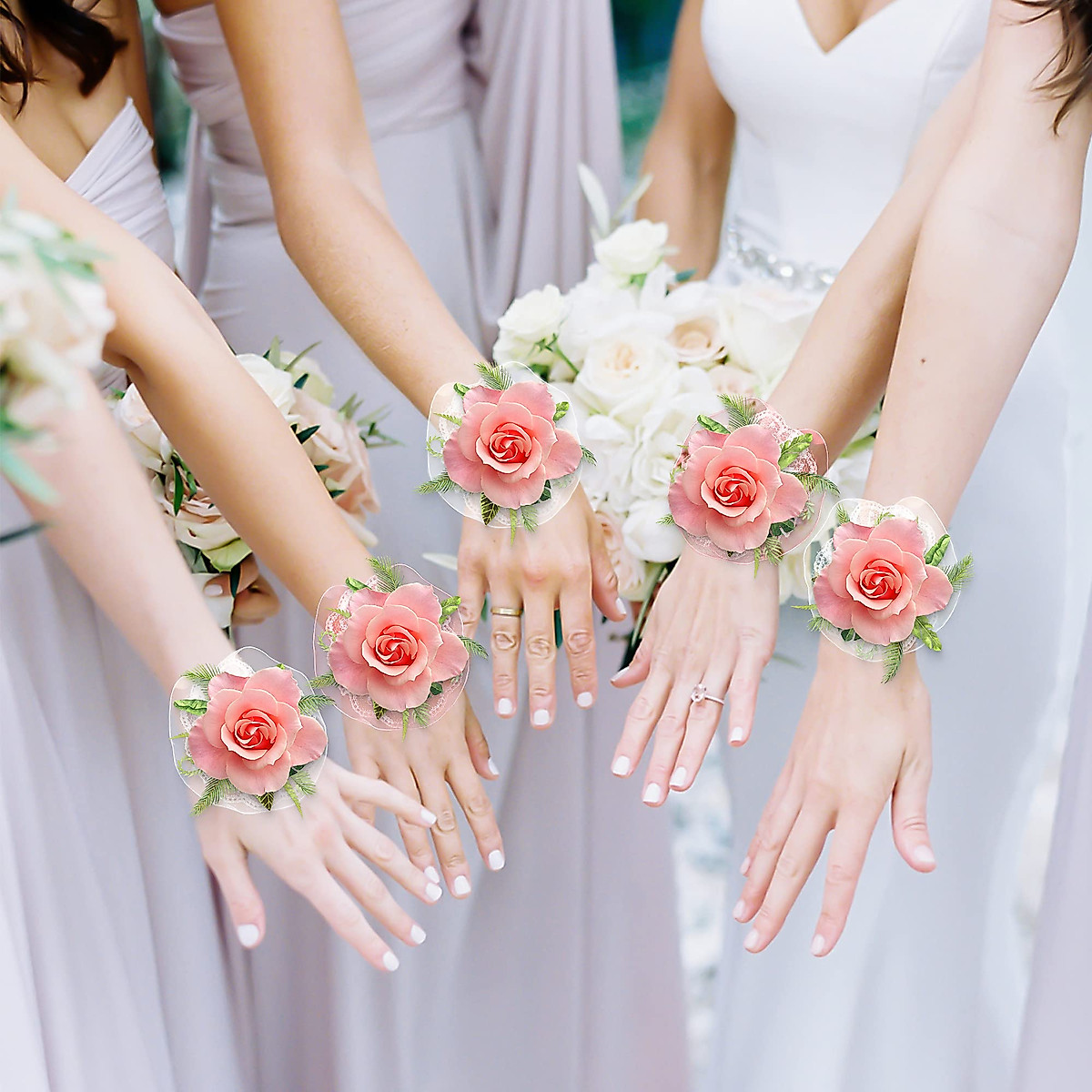 RONRONS 15 Pieces Elastic Pearl Wrist Corsage Bands Wristlets Bracelet Handmade DIY Stretch Wrist Hand Corsages Wristlet for Wedding Bride Bridesmaid Prom Beach Party Daily Wear Accessories (Pink)