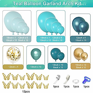 Teal Balloons Garland Arch Kit - 168PCS Different Sizes Dark Teal Turquoise Blue Confetti and Gold Latex Balloons with Gold Butterflies for Baby Shower Wedding Bridal Shower Birthday Party Decoration