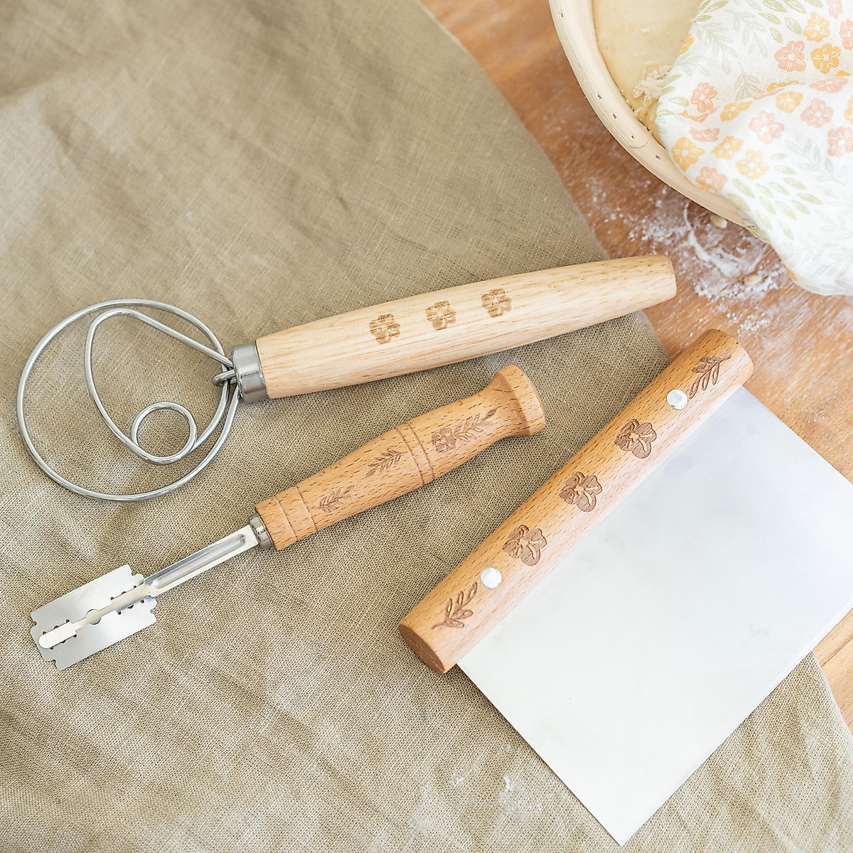 Joyallia Banneton Bread Proofing Basket Set of 2 Round 9 Inch with Bread Lame | Dough Scraper | Dough Whisk | Bowls Cover | Sourdough Kit | Bread Making Tools Gift for Mother, Wife and Bakers