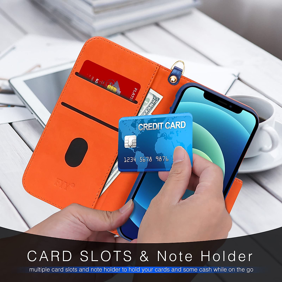 FYY Compatible with iPhone 12 Mini Case, [Kickstand Feature] Luxury PU Leather Wallet Case Flip Folio Cover with [Card Slots] and [Note Pockets] for iPhone 12 Mini 5G 5.4" Navy