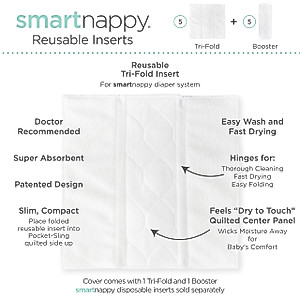 Smart Nappy Cloth Diaper Reusable Inserts, Set of 10, Fits Honest Hybrid Diaper Cover, Fits Amazing Baby SmartNappy Cover, Pocket-Sling Compatible, 5 Tri-fold & 5 Boosters, Size Med/Large