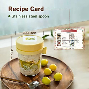 Suli Overnight Oats Container with Lid and Spoon, Recipe, 16 oz Glass Overnight Oats Jars, Wide Mouth Airtight Mason Jars, Milk Vegetable and Fruit Salad Storage with Measurement Marks (Grey)