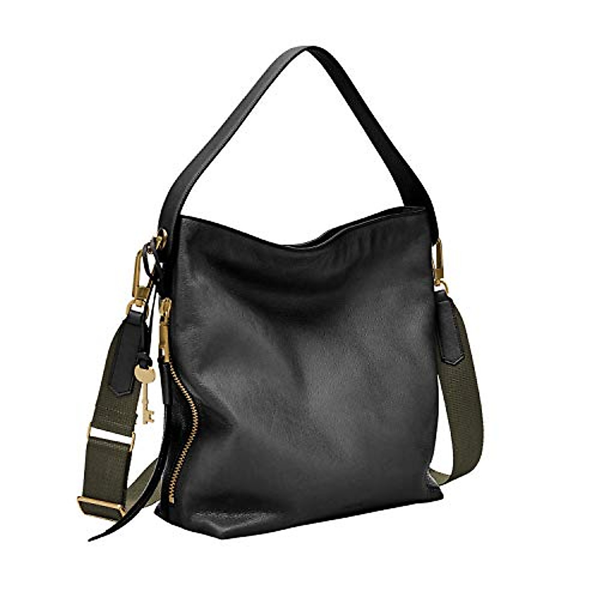 Fossil Women's Maya Leather Small Hobo Handbag, Black with Women's Logan Faux Leather RFID Zip Around Clutch Wallet, Black