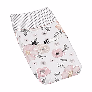 Blush Pink, Grey and White Changing Pad Cover for Watercolor Floral Collection by Sweet Jojo Designs