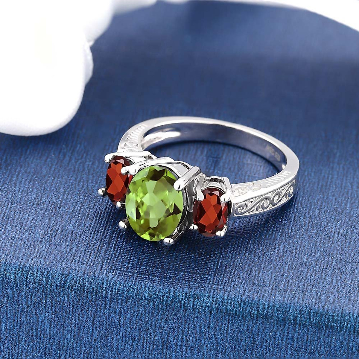 Gem Stone King 925 Sterling Silver Green Peridot and Red Garnet 3 Stone Ring For Women (2.45 Cttw, Gemstone Birthstone, Available In Size 5,6,7,8,9)