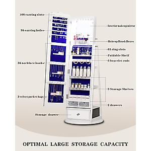 Full-Length Standing Mirror Jewelry Cabinet with Lights, Storage, and Rotating Shelf - White