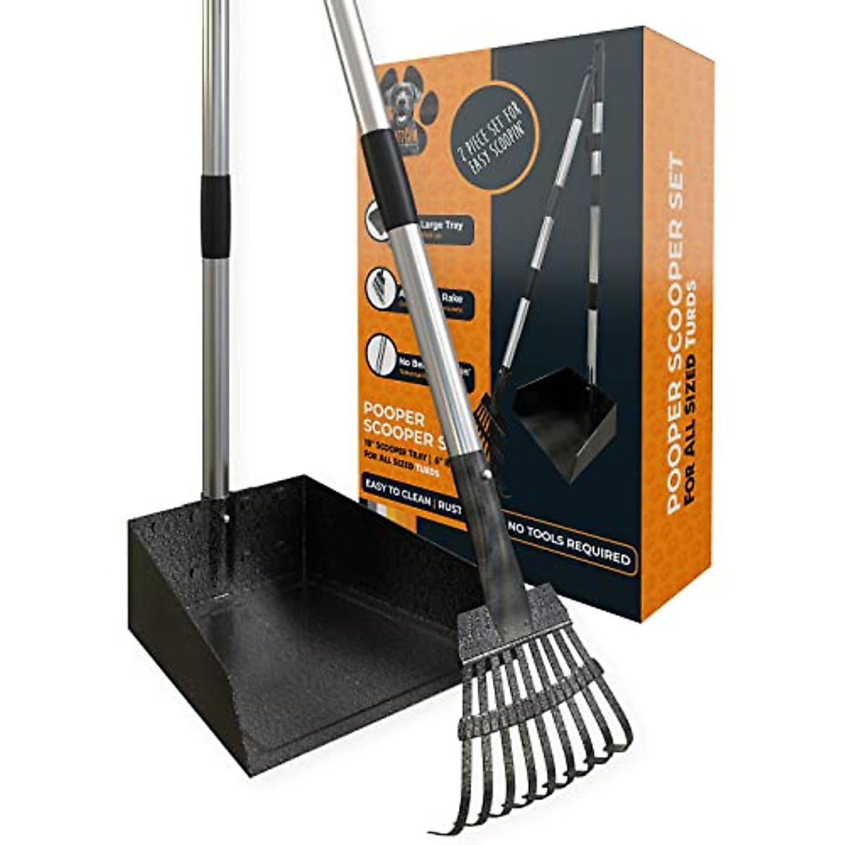 Mighty Paw Dog Pooper Scooper | Large Heavy Duty Tray & Rake Set. Long Adjustable Metal Poles for Comfortable Pet Poop, Waste & Yard Debris Pickup. Easily Scoop on Grass, Sand, Gravel Or Concrete