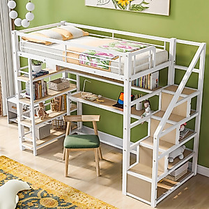 3 in 1 Design Full Size Loft Bed with Storage Staircase, Heavy Duty Metal Loft Bed Frame with Built-in Desk,3-Tier Storage Shelves and Guardrails for Bedroom Guest Room Apartment, Space Saving