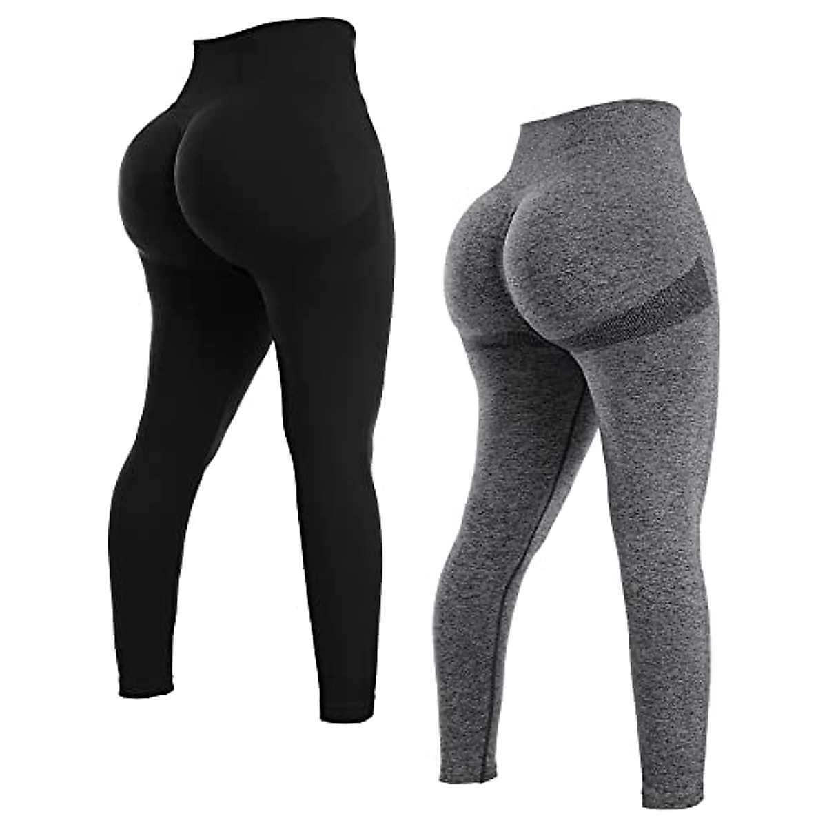 NORMOV 2 Piece Butt Lifting Workout Leggings for Women, Seamless Gym Scrunch Booty Lifting Sets(Black/Grey, XL)