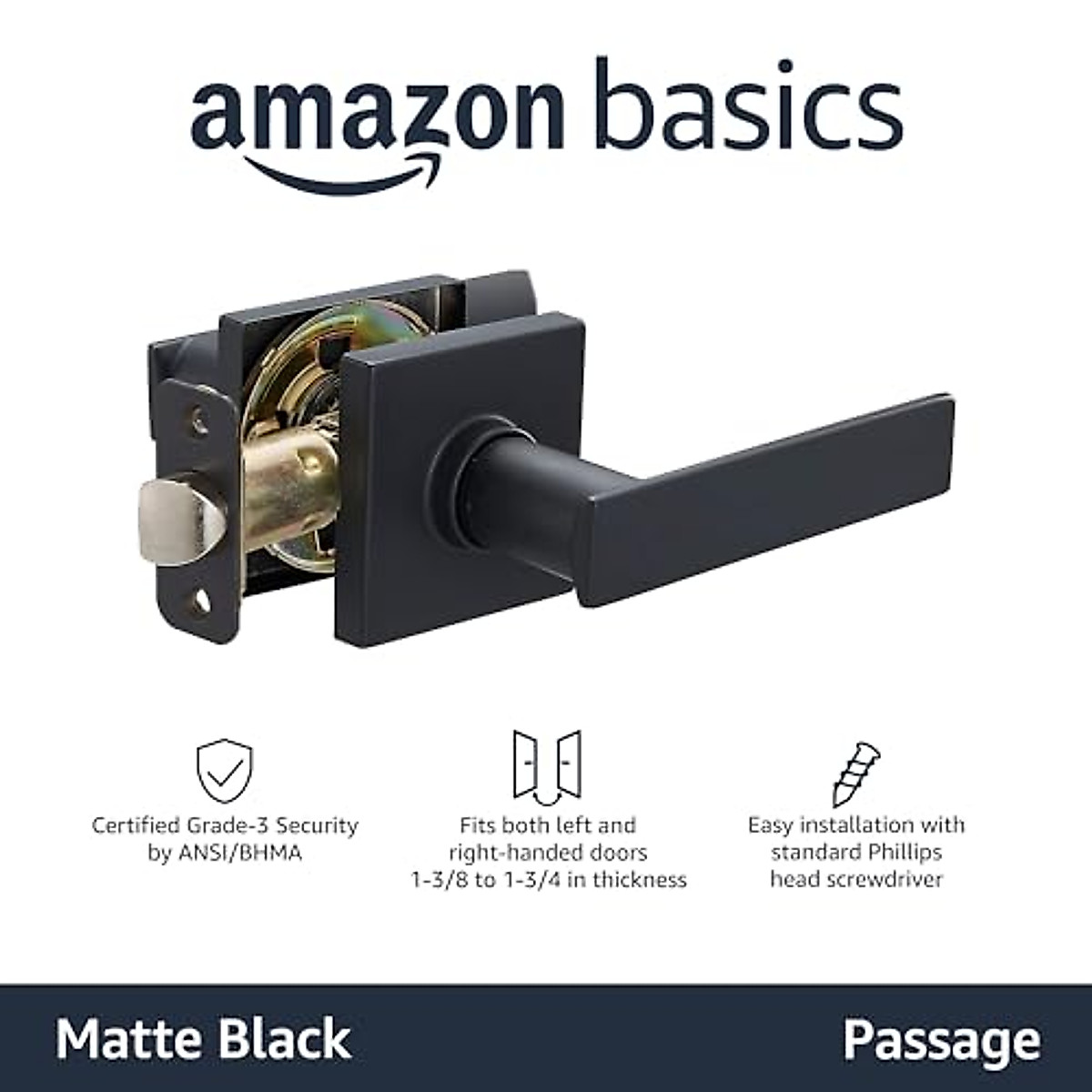 Amazon Basics Contemporary Stamford Door Lever - Passage - Matte Black, 6-Pack