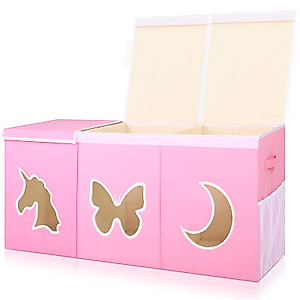Geetery Extra Large Toy Chest Storage Box Girls Toy Storage Chest Unicorn Toy Organizer with Lid 40.4 x 14.0 x 16.3'' Collapsible Storage Bin with Handle and Mesh Pocket for Nursery Playroom Bedroom