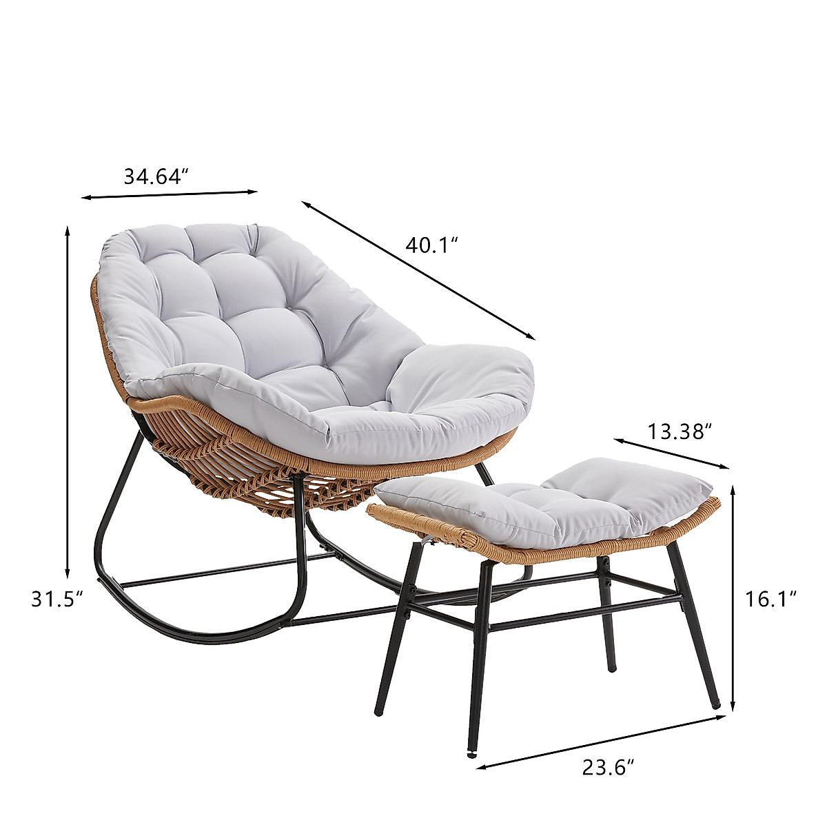 Apepro Wicker Rocking Chair with Footstool,Patio Rocking Chairs with Thickened Cushions,Outdoor Rocking Chair Glider Rocking Chair,Light Grey