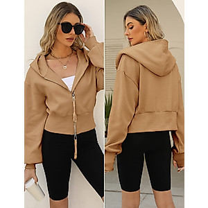 Arssm Cropped Hoodie Women Long Sleeve Sweatshirts Casual Fashion Hooded Zip up Workout Jacket with Thumb Holes(Khaki-L)