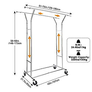 ALUPOM Extendable Double Rod Clothing Rack on Wheels, Heavy Duty Rolling Commercial Garment Rack, Chrome Clothes Rack for Hanging Clothes