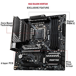 MSI MAG B460M Mortar Gaming Motherboard (mATX, 10th Gen Intel Core, LGA 1200 Socket, DDR4, CFX, Dual M.2 Slots, USB 3.2 Gen 1, 2.5G LAN, DP/HDMI)