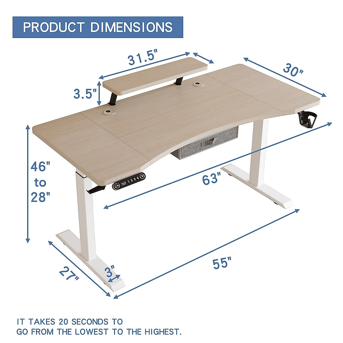 Jceet 63x30 Inches Dual Motor Electric Standing Desk with Drawer, Adjustable Height Sit Stand Up Desk with Storage Shelf, Home Office Desk Computer Workstation with Pale Pearwood Top/White Frame