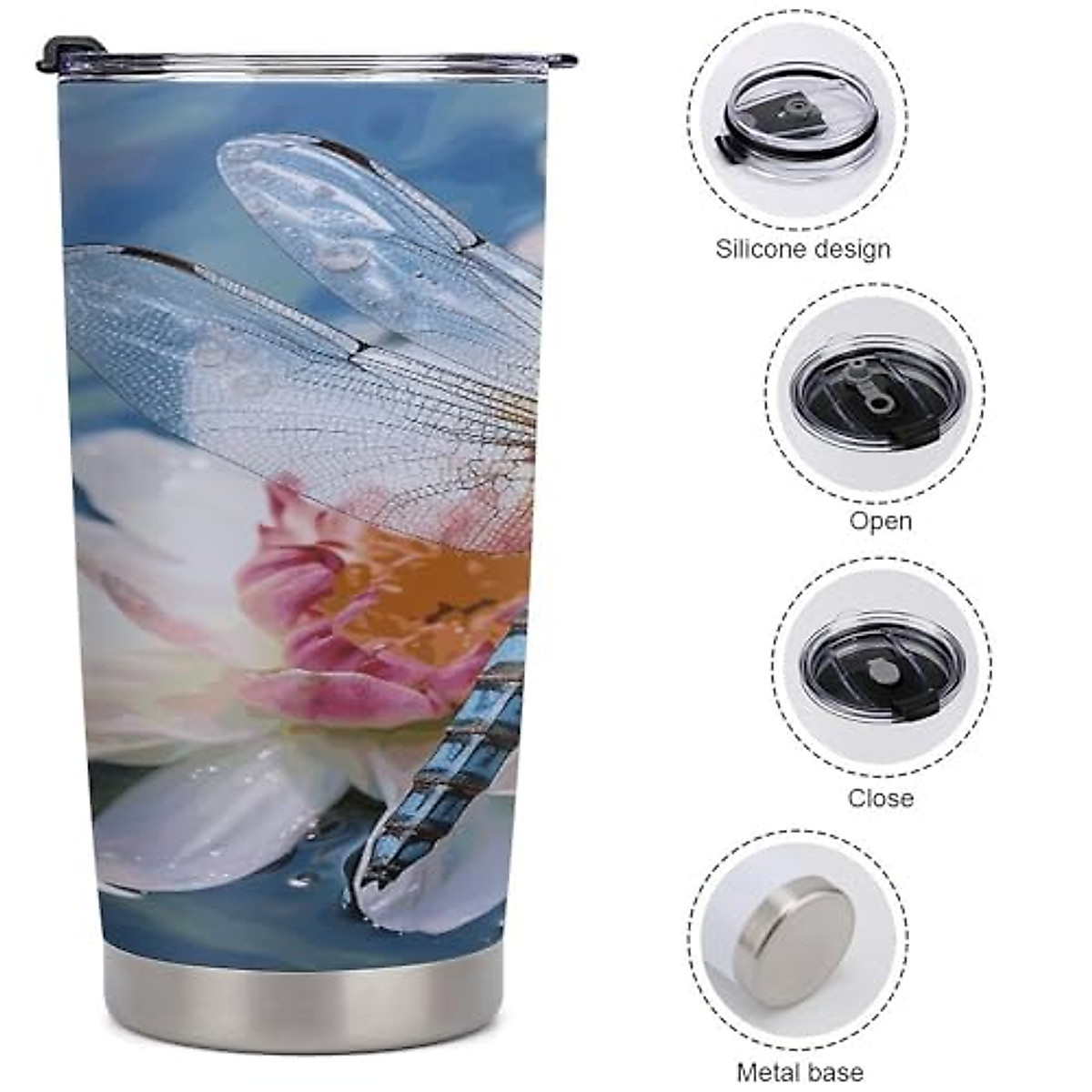 FHENMSA Reusable Plastic Water Cups with Lids,Dragonfly Lotus Print Anti-overflow Cup,sports Travel Coffee Cup