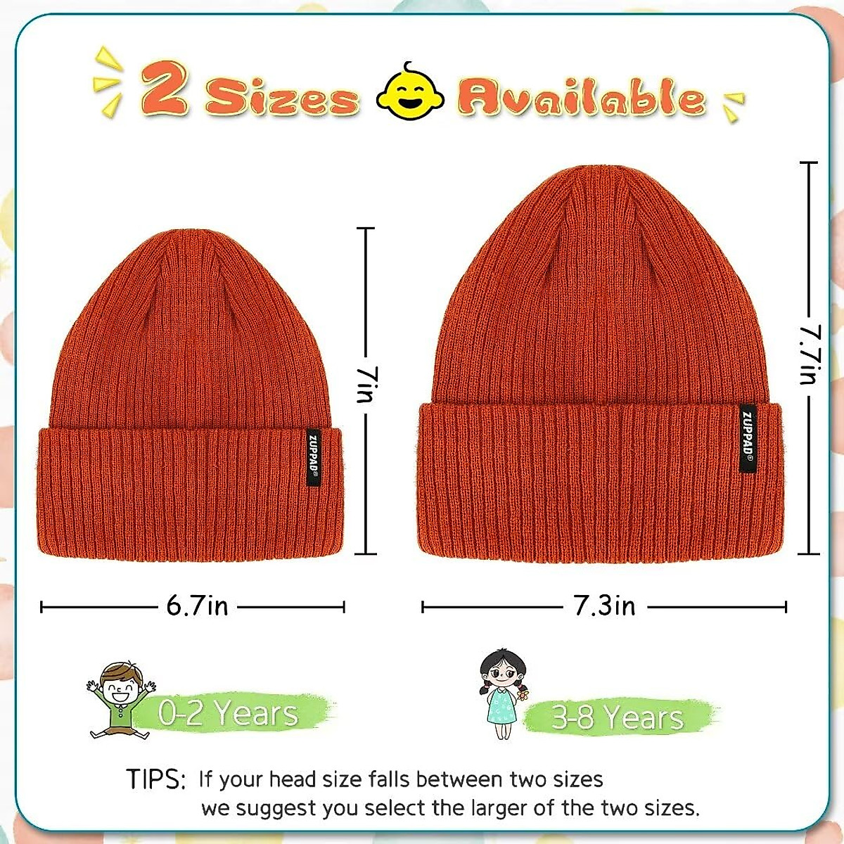 ZUPPAD Baby Beanie Hats, 3-Pack Winter Knit Hats with Fleece Lining for Boys and Girls (Dark Orange, Grey, Black)