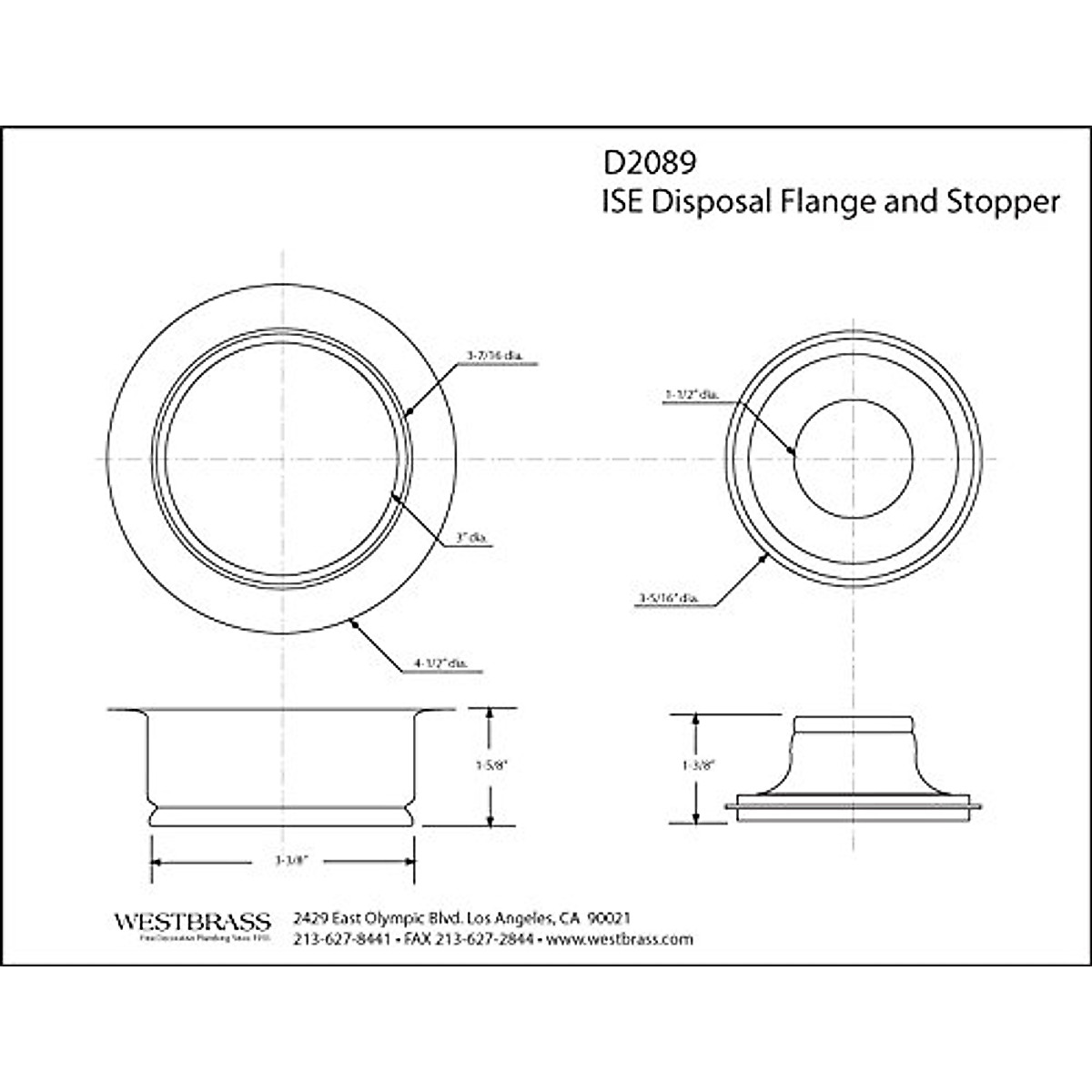 Westbrass D2089-07 4-1/4" Kitchen Sink Waste Disposal Drain Flange and Stopper, Satin Nickel