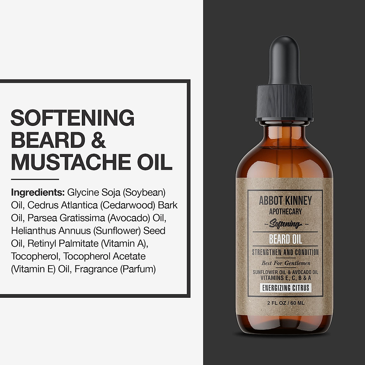 ABBOT KINNEY APOTHECARY Beard Oil for Men - Natural Ingredients, Energizing Citrus Scent, Promotes Healthy Growth, Ideal for Dry Flaky Skin - Beard Conditioner - 2 Fl Oz