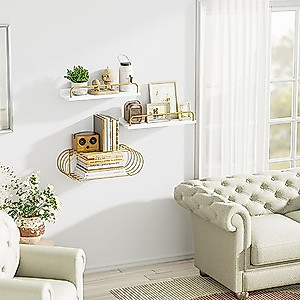 Love-KANKEI Floating Shelves Wall Mounted, Bathroom Shelf with Towel Bar, Wall Shelves with Wire Storage Basket,Wood Shelves for Kitchen Bedroom Living Room, Set of 3 White and Gold