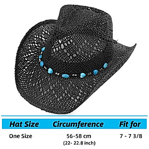 BESOOGII Straw Beach Cowboy Hat for Women Shapeable Brim Western Cowgirl Hat (US, Alpha, One Size, Black)