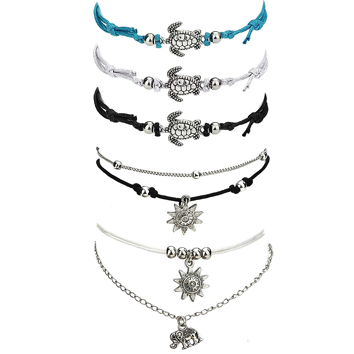 Suyi 5Pcs Beach Turtle Anklet Boho Handmade Adjustable Anklet Layered Rope Anklet Foot Chain for Women 5P