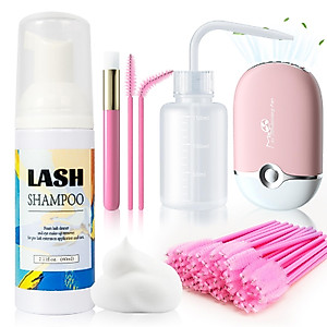 Buqikma Lash Shampoo for Lash Extensions,2.11Floz Eyelid Cleansing Foams,USB Mini Lash Fan,Bottle Mascara Brush Cleaning Brush Lash Cleaning Kit for Professional & Home Use(Pink)