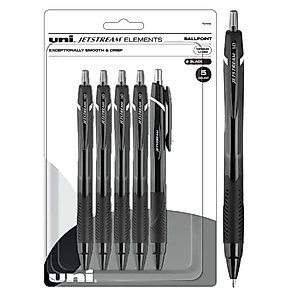 uni-ball Jetstream Elements Retractable Ballpoint Pen 5 Pack in Black with 1.0mm Medium Point Pen Tips, Uni-Super Ink is Smooth, Vibrant, and Protects Against Water, Fading, and Fraud