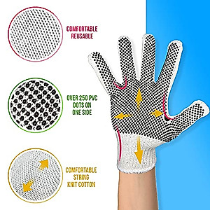 ABC String Knit Gloves with Grip Dots 10'', Pack of 24 White Work Cotton Gloves with Polyester Materials, Reusable PVC Dotted Working Gloves, Safety Work Gloves for Industrial Work