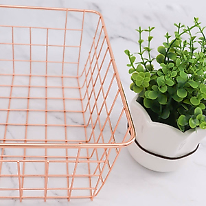 Metal Wire Storage Basket with Handles for Kitchen Food Pantry Papers Home Office Desk Basket Bathroom Laundry Room Basket Bedroom Bed Room, Rose Gold