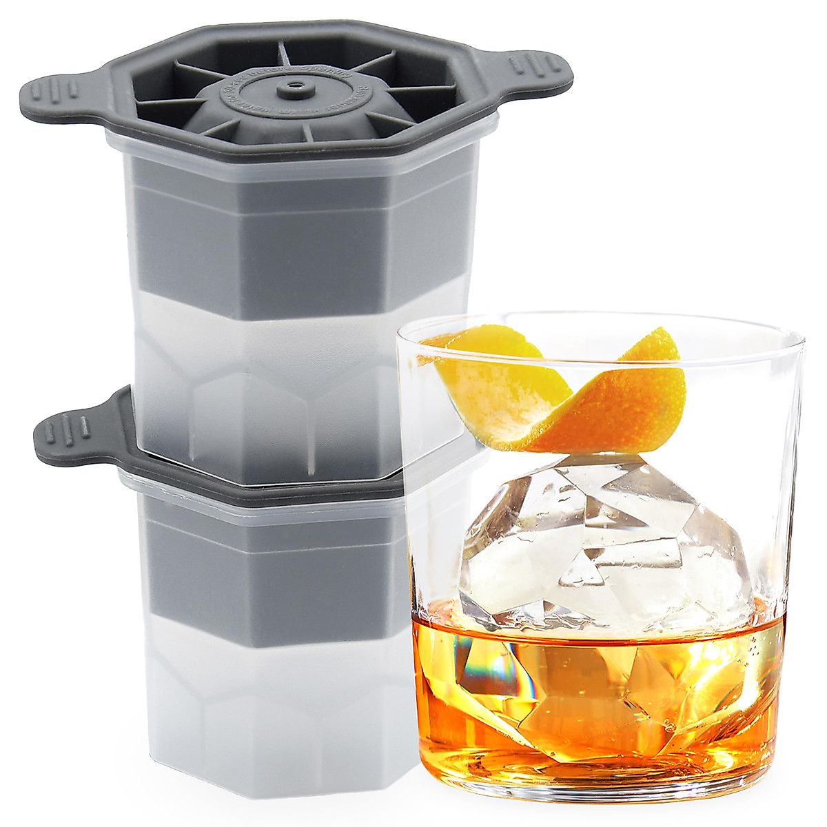 Tovolo Faceted Sphere Ice Molds, Set of 2 - Large Ice Ball Mold Ideal for Whiskey, Cocktails & Any Cold Beverage - Odor-Free Freezer Storage, Dishwasher-Safe with Silicone Plunger