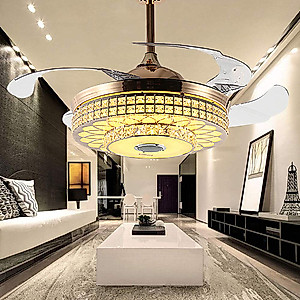 RuiWing 42" Luxury Crystal Fandelier Bluetooth Ceiling Fan with Light and Speaker, Modern Ceiling Fan Chandelier with Remote Control Retractable Invisible Music Player for Living Room