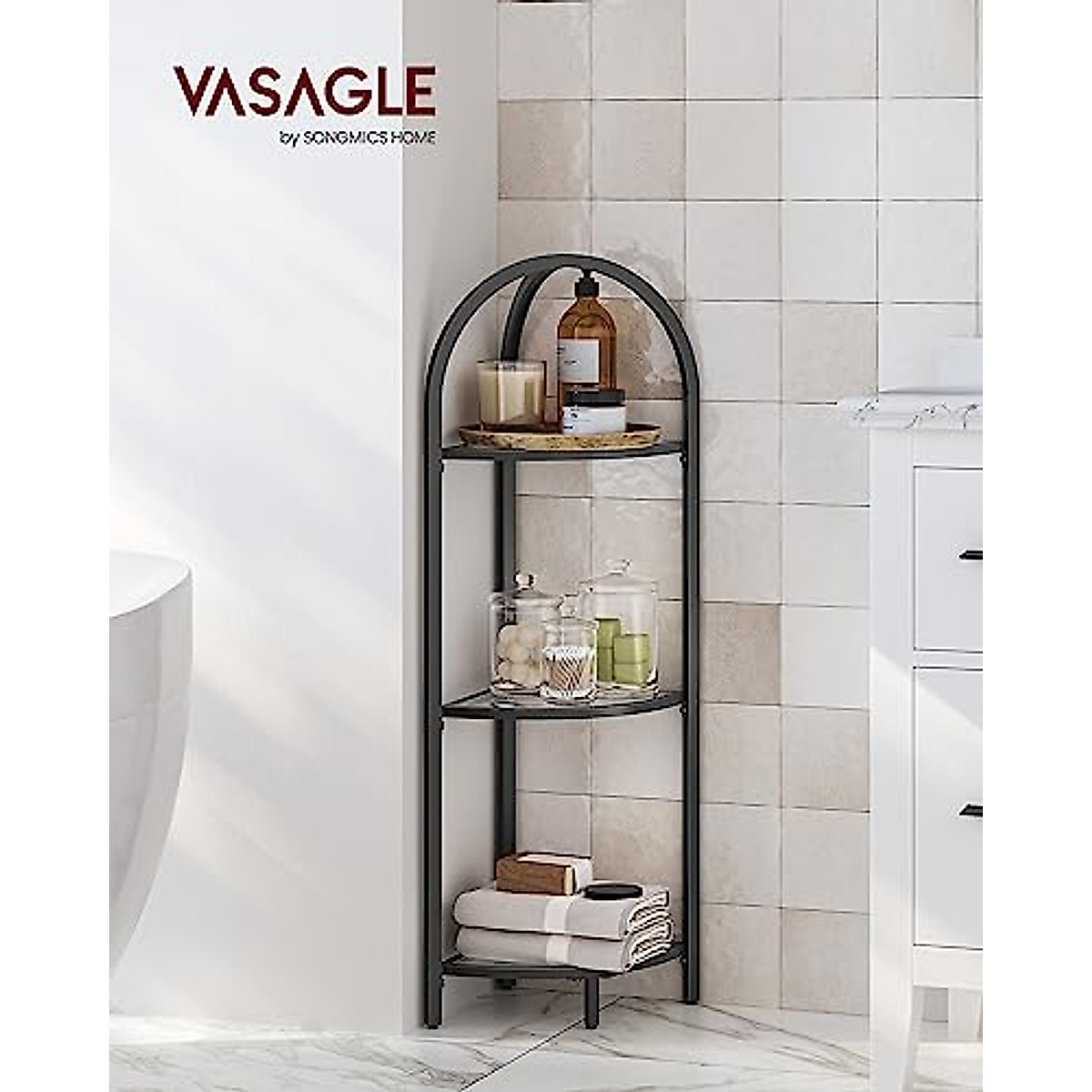 VASAGLE 3-Tier Corner Shelf Stand, Corner Bookshelf, Bathroom Organizer, Plant Stand, Tempered Glass, Steel Frame, Modern Style, for Living Room, Bathroom, Kitchen, Classic Black ULGT811B61